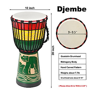 Djembe Drum,LIEKE 10'' African Drum Carved of Mahogany Goatskin Drumhead for Adults Student Beginners Green