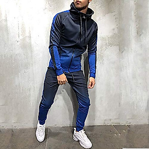 Men's Pullover Winter Workout Thenlian Mens Autumn Winter Packwork Print Sweatshirt Top Pants Sets Sport Suit Tracksuit(Blue, XXXL)