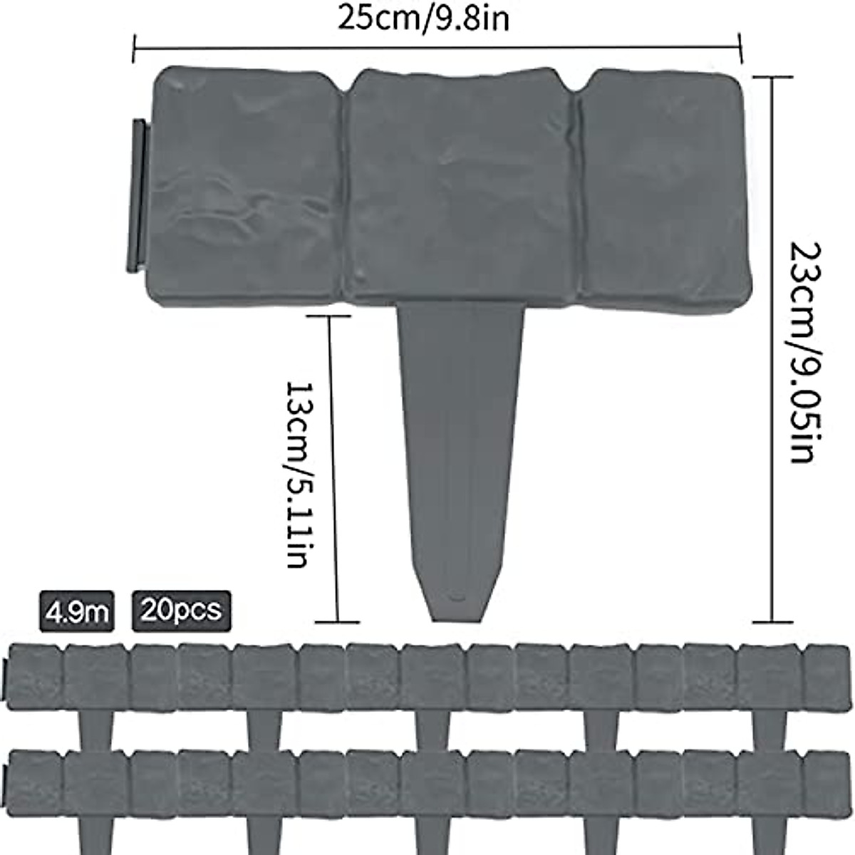 W&Y-YWSH Garden Landscape Edging Borders for Flower Beds, Border Edging, Gray Stone Effect Plastic Garden Edging Hammer-in Lawn Palisade Fencing, No Dig Landscape Edging - 10/20Pcs