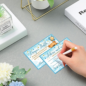 Spakon 51 Pieces Bear Diaper Raffle Tickets with Diaper Raffle Card Box for Baby Shower Decorations Diaper Raffle Sign Blue Bear Themed Insert Card Advice and Wishes Diaper Raffle Insert Ticket