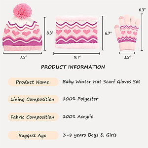 Winter Kids Hat Scarf Gloves Set Knit Fleece Lined Beanie Neck Warmer Mittens for Toddler Boys Girls 3-8 Years (Pink-B)