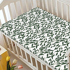 Eucalyptus Themed Fitted Crib Sheet,Standard Crib Mattress Fitted Sheet Soft & Stretchy Fitted Crib Sheet - Great for Boy or Girl Room or Nursery,28“ x52“,Hunter Green and White
