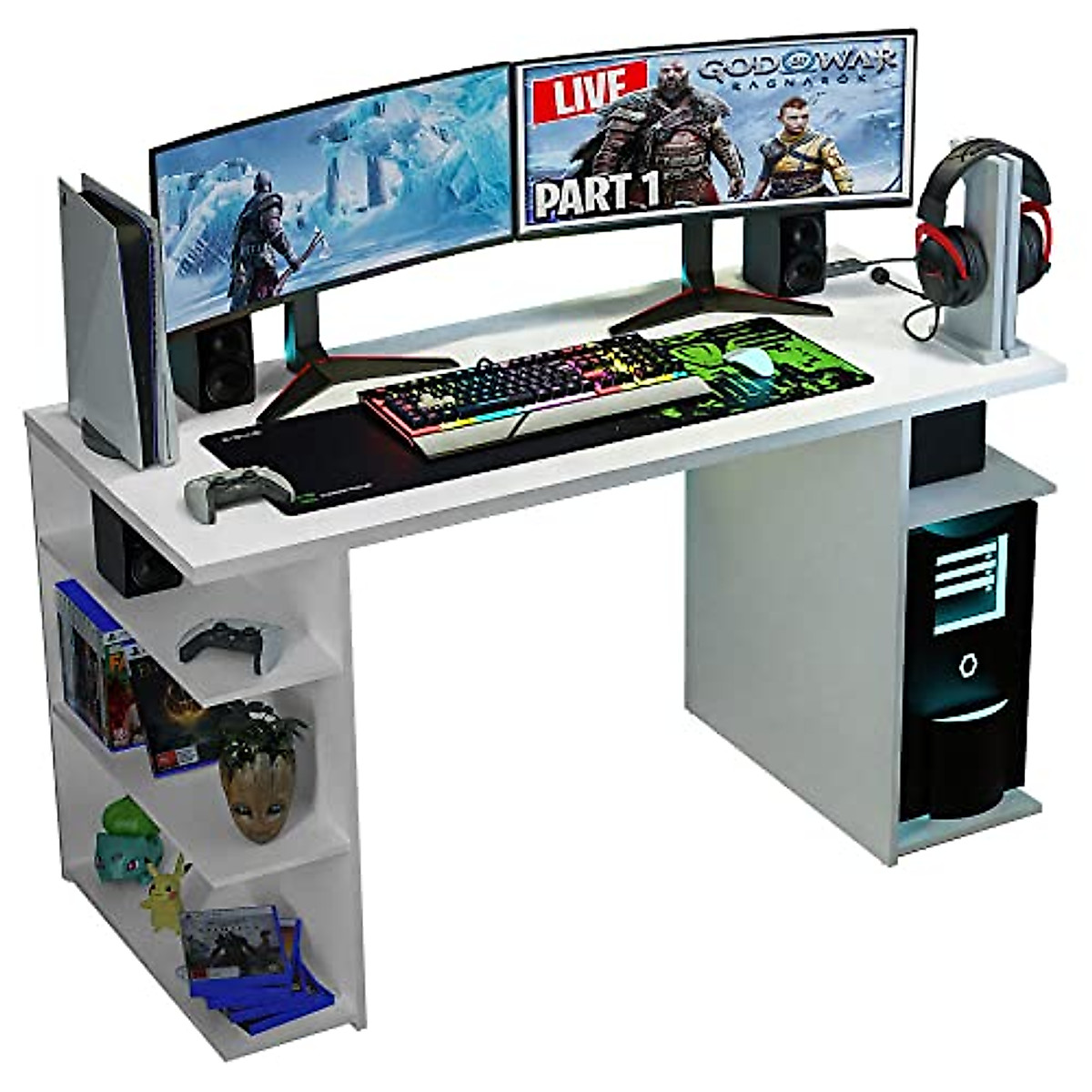 Madesa Gaming Computer Desk with 5 Shelves, Cable Management and Large Monitor Stand, Wood, 24" D x 53" W x 29" H - White