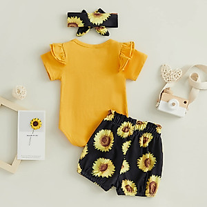 BeQeuewll Newborn Baby Girl Summer Outfits Letter Short Sleeve Bodysuit Romper Tops Floral Shorts Pants 3 piece Clothes (A Orange, 3-6 Months)