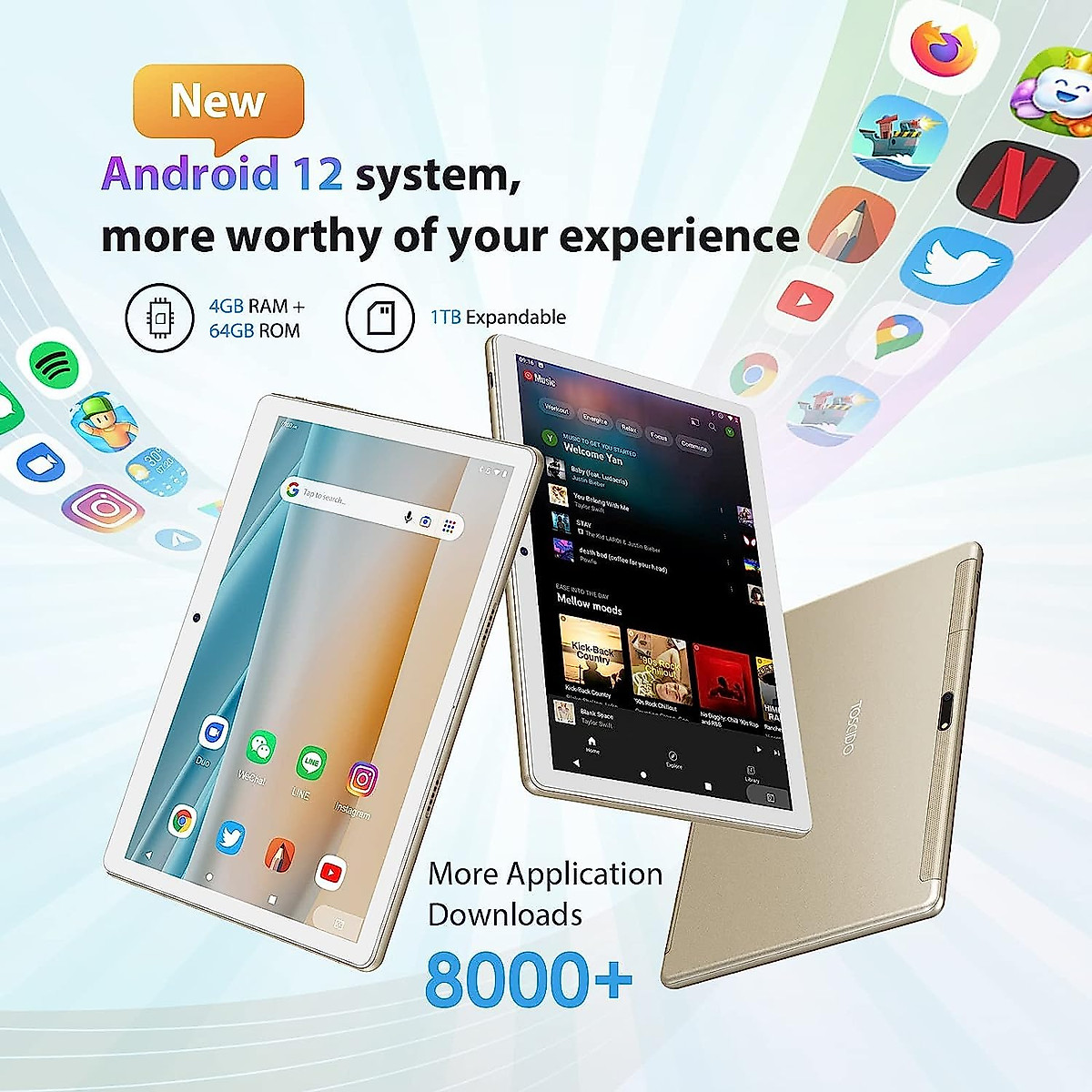 TOSCiDO Android 12 Tablet 10.1 Inch Tablets, 4GB RAM+64GB ROM+1TB Expand,8 Core CPU, 8000 mAh Battery,Bluetooth5.0, GPS,Wi-Fi -Gold