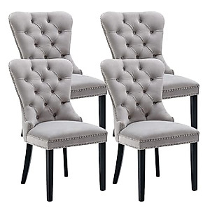CIMOO Velvet Upholstered Dining Chairs Set of 4 Comfortable Tufted Chair Modern Armless Chairs with Button, Nailhead Trim, (Grey, Ring on The Back)