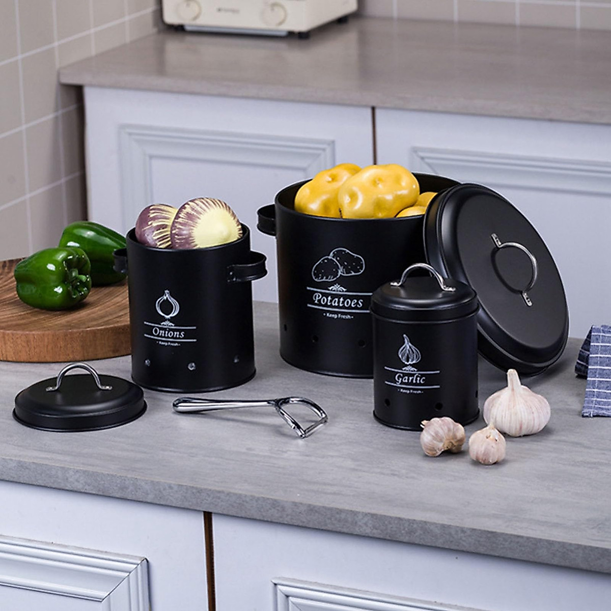 3Pcs Potato and Onion Storage Bin Set, Kitchen Vegetable Storage Tins, Onion Storage Garlic Keeper, Carbon Steel Farmhouse Potatoes Holder for Potatoes, Onions (Black)