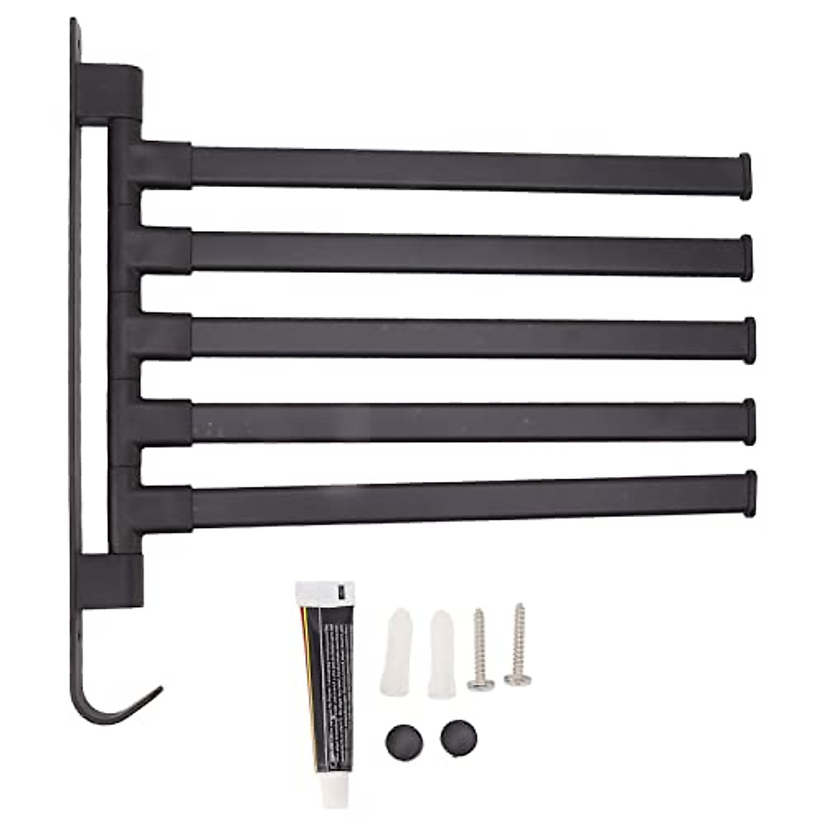 Matte Black Swivel Towel Bar, Wall Mounted Bathroom Towel Rack Well Structured Rustproof with Auxiliary Sticker for Corridor for Lobby (5 Arms)