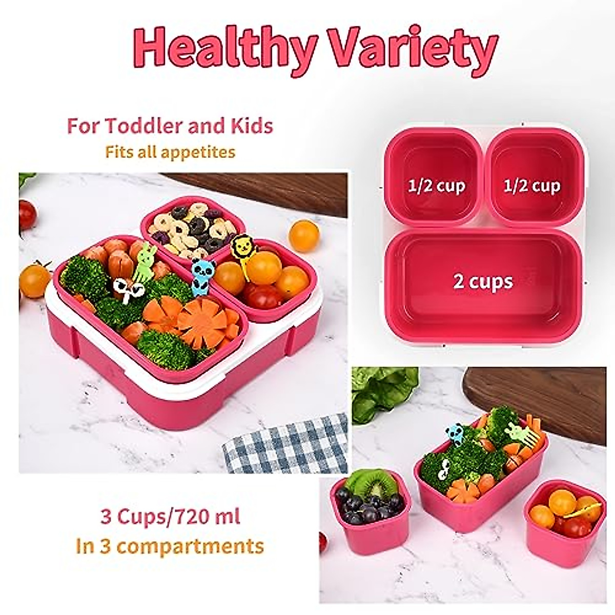Genteen Leak-Proof Kids Lunch Box, Bento Box with 3 Removable Compartments, Toddler Lunch Box for Daycare, School, Ideal Portion Size for Ages 3 to 7 BPA-Free Dishwasher Safe-Green - Dark Pink