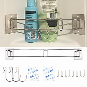 1 Pack Rv Shower Corner Storage Bar with 3 S-Hooks-Adjustable Stainless Steel Rod Bathroom Shelf Retainer Bars Stick On Rv Organization and Storage Accessories Inside Camper Travel Trailer Must Haves