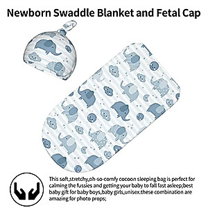 Elephant Baby Stuff Newborn Swaddle Blanket with Beanie Set, Soft Stretchy Baby Receiving Blanket Infant Swaddle Sack for Baby Boy and Girl Gifts