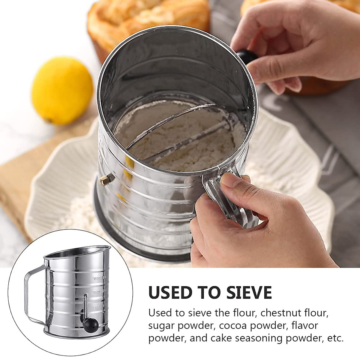 Hemoton Hand-Operated Powder Sieve Flour Sifter Cooking Rotary Baking Sifter Sugar Powder Sifter Kitchen Cake Icing Tools Baking Sieve Filter Stainless Crank to Rotate