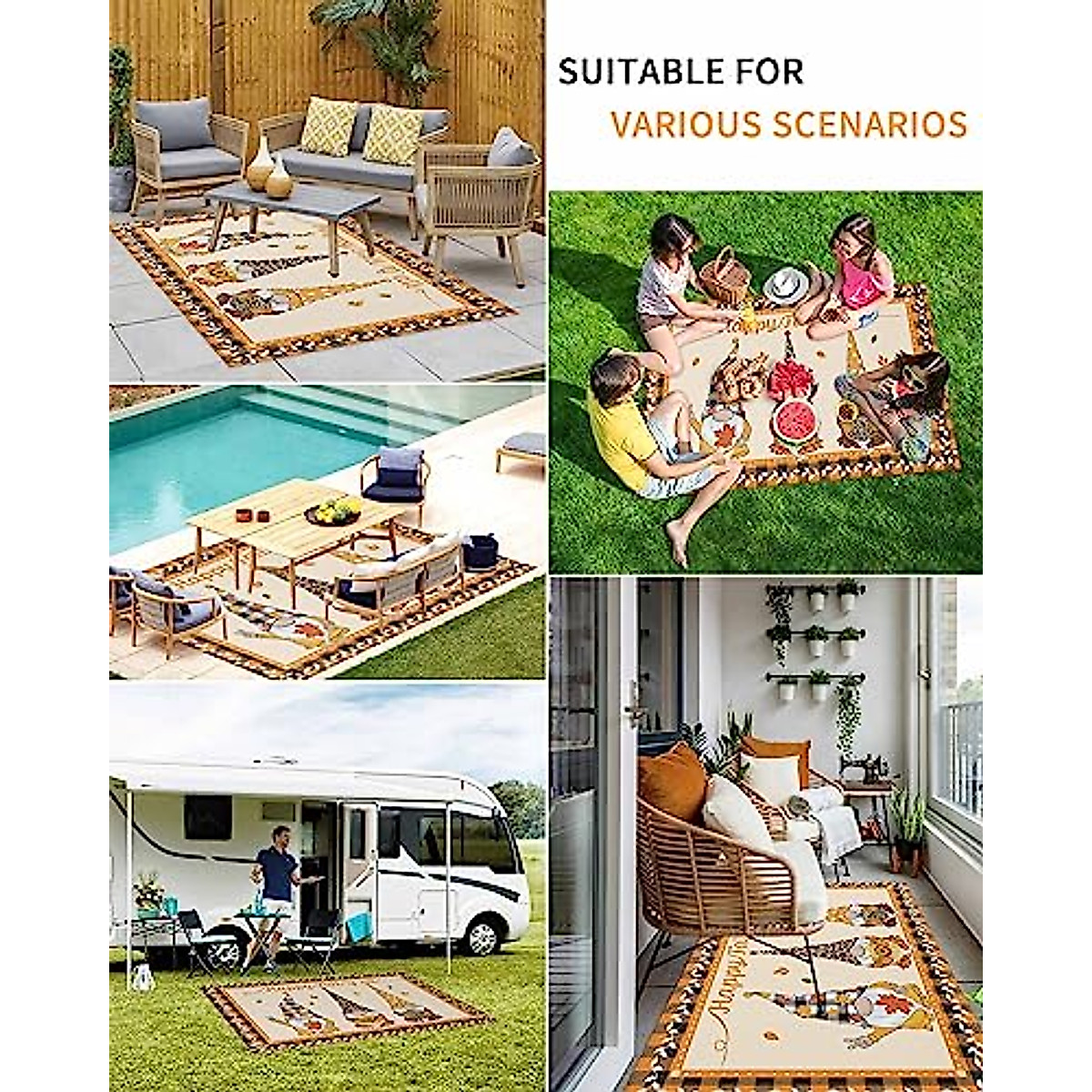 Fall Outdoor Patio Rugs Maple Leaf Sunflower Pumpkin Outdoor Area Rug Orange Plaid Buffalo Non-Slip Backyard/Camping RV Rug/Deck/Porch Rug Front Door Floor Mat Carpet,4x6ft,