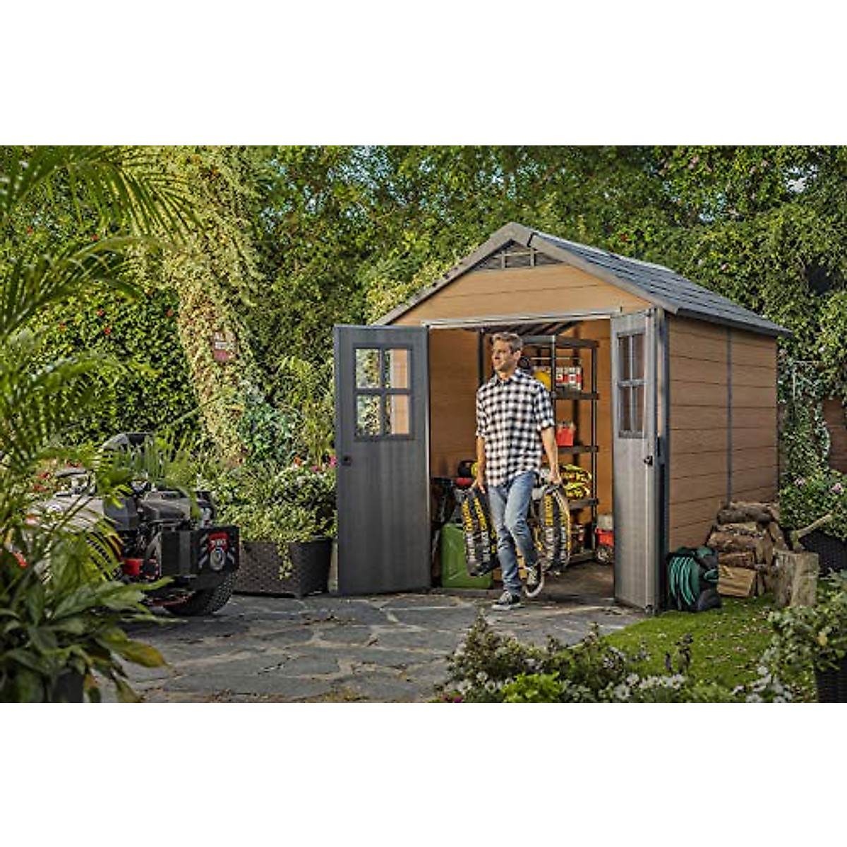 Keter Newton 7.5x9 Large Resin Outdoor Storage Shed Kit – Perfect to Store Patio Furniture, Garden Tools, Bike Accessories, and Lawn Mower, Mahogany Brown
