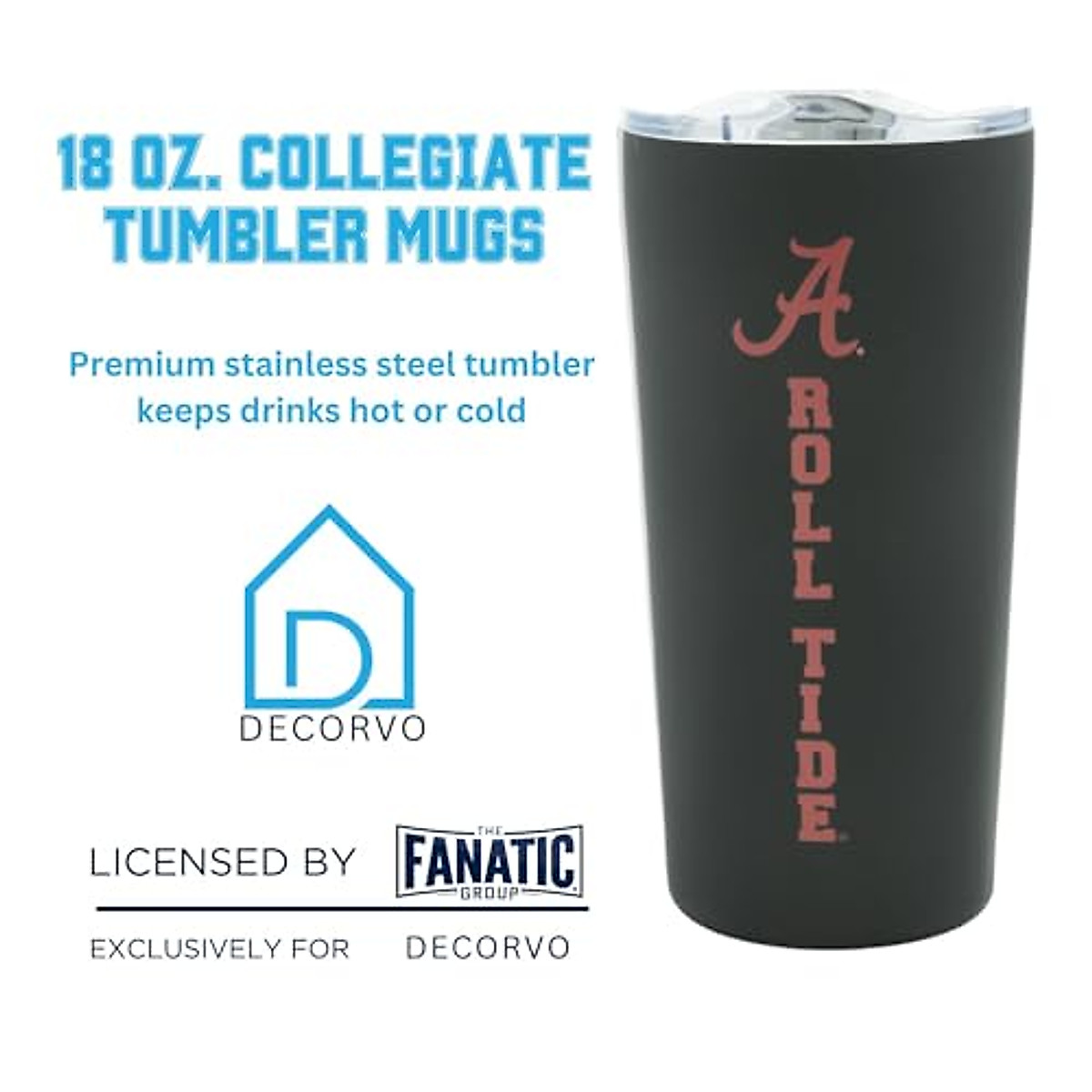 Decorvo Officially Licensed Collegiate Stainless Steel Tumbler - Double Walled Insulated Travel Thermos with Slide Lid - 18 oz (Alabama - Black)