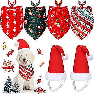 Christmas Dog Bandanas Hat Set 4 Pieces Christmas Dog Bandana Adjustable Pet Triangle Scarf and 2 Pieces Pet Santa Hat Dog Christmas Hat for Pets Dogs Cats Christmas Costumes (Vivid Patterns, Medium)