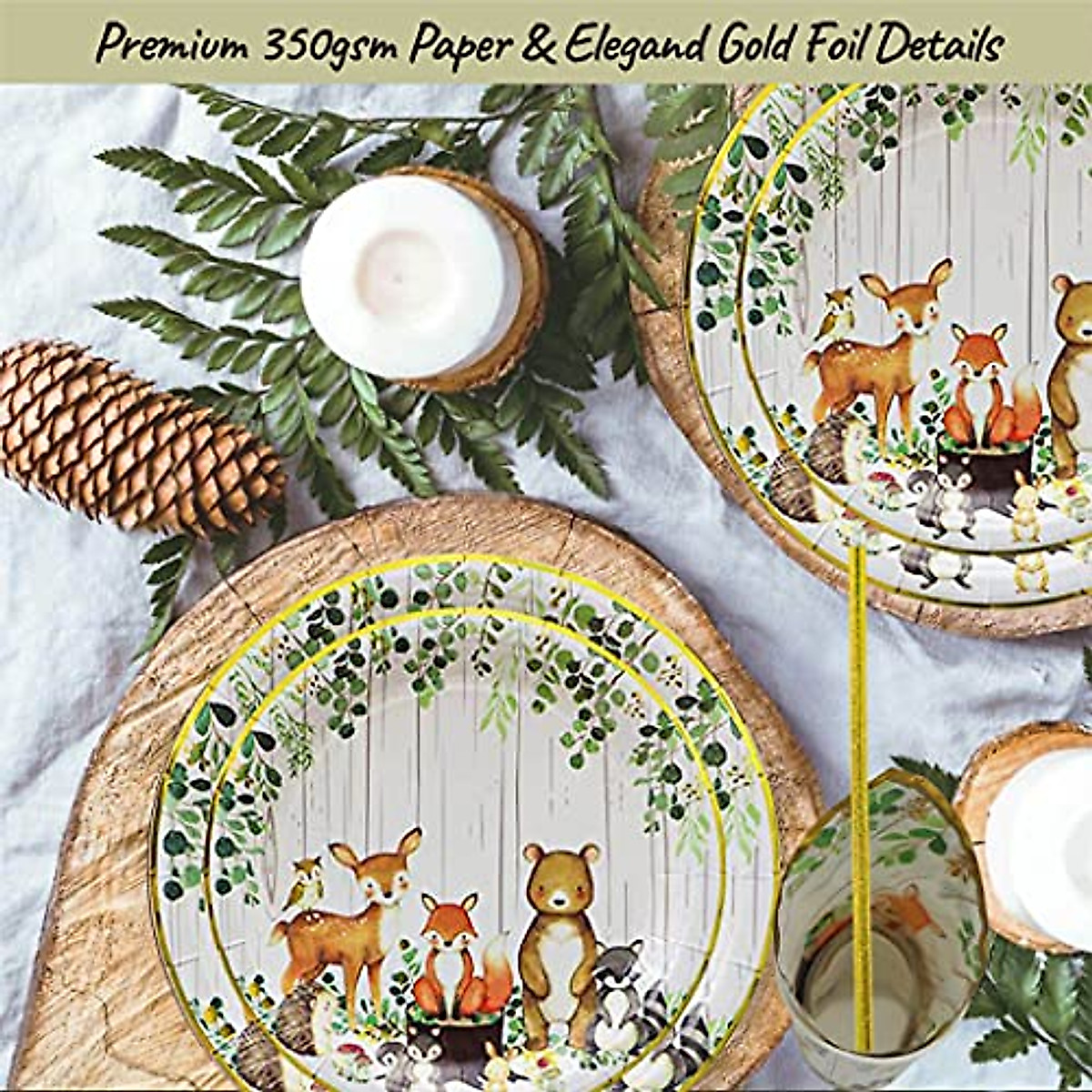 121Pc Woodland Creatures Theme Baby Shower Decorations, Birthday Party Supplies For Boy & Girl -Tablecloth, Paper Plates Napkins Straws & Cups of Forest Animal Friends Fox Deer Tableware Set Serves 24