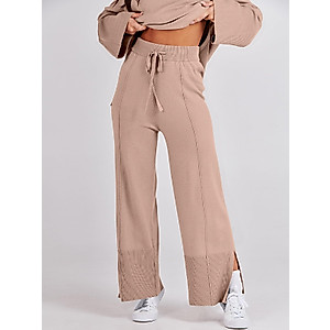 ANRABESS Womens 2 Piece Outfits Oversized Knit Sweater Set Wide Leg Pant Cozy Lounge Matching Pajama Sets 2024 Trendy Clothes Deep Apricot X-large