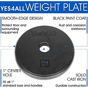 Yes4All 1-inch Cast Iron Weight Plates for Dumbbells – Standard Weight Disc Plates (5 lbs, Single)