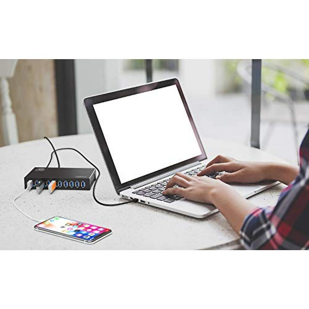 BrovSS: 10 Port Powered USB 3.0 Hub Aluminum - USB Hub Charger - Multiple Port Splitter Hub with 12V 5A 60W Power Adapter with USB Cable for Apple, Laptop, PC, USB Flash Drives, HDD Hard Drive (Black)