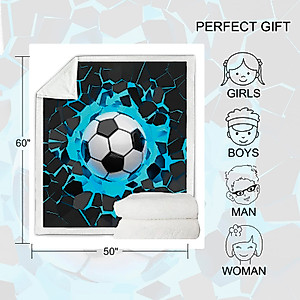 WONGS BEDDING Blue Soccer Throw Blanket Reversible Sprots Soccer Pattern Blanket for Soccer Fans Teens Boys Kids, Cozy Warm Soft Blanket for All Seasons, Plush Fleece Blanket Sofa Couch Bed 50" X 60"