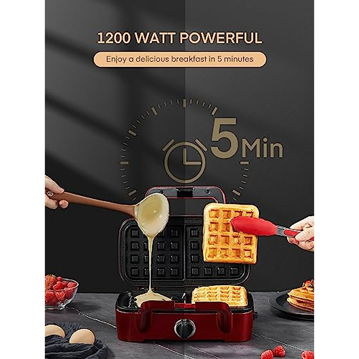 FOHERE Waffle Maker 3 in 1 Sandwich Maker 1200W Panini Press With Removable Plates and 5-gear Temperature Control, Non-stick Coating Easy to Clean,Indicator Lights, Red