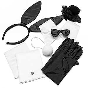 VERSRH 7pcs Bunny Costume Accessories for Women Set of Bunny Ears Headband Tail Bow Tie Arm Cuffs Black Gloves Fishnet Stockings, Rabbit Outfit Costumes, Black, White