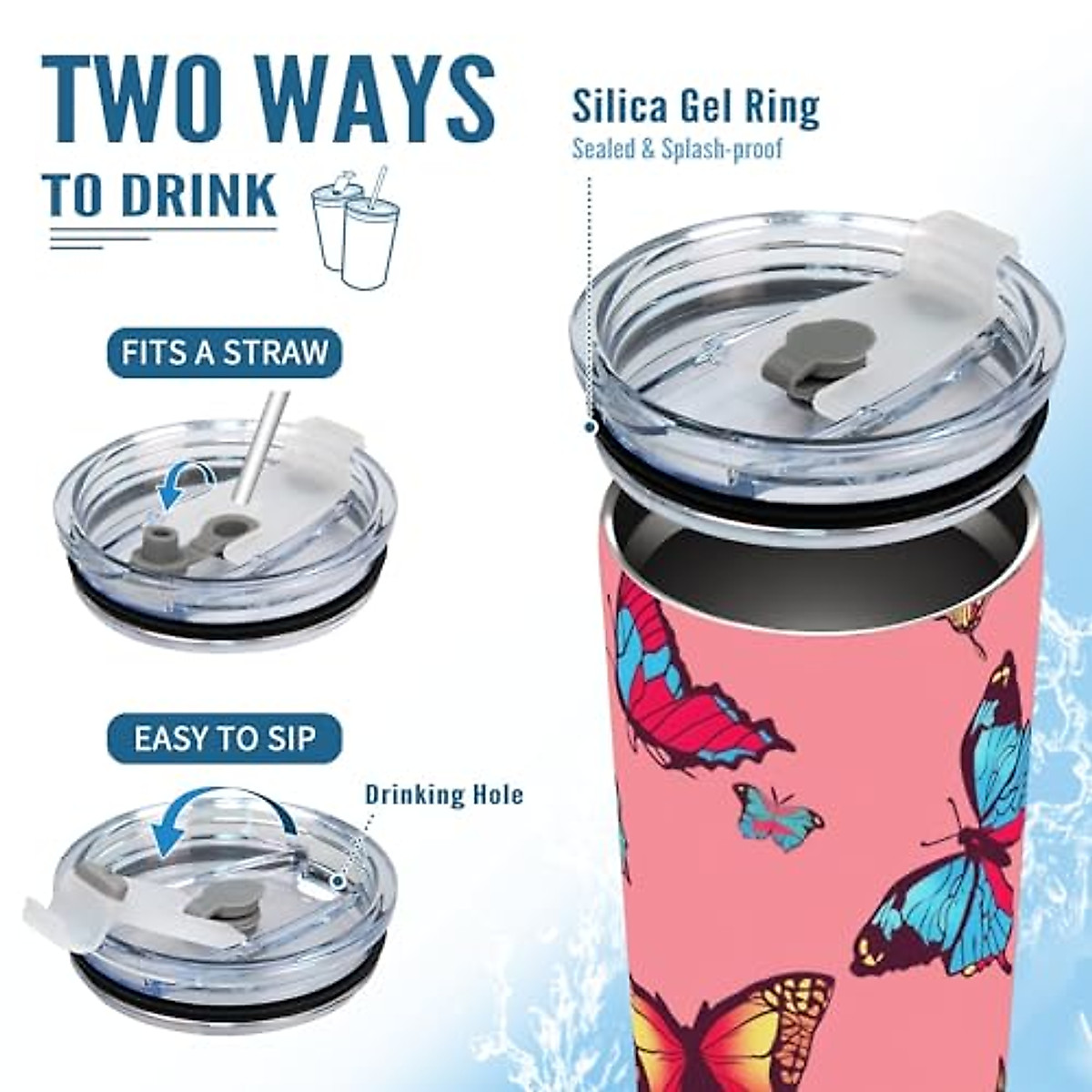 QWEUIOP 20oz Insulated Travel Coffee Mug Retro Butterfly Stainless Steel Tumbler with Lid Double Wall Vacuum Coffee Cup For Hot and Cold Drinks14055