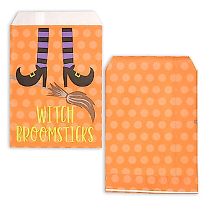 BLUE PANDA 100 Pack Halloween Paper Bags, Small Paper Halloween Treat Bags, Bulk Goody Bags for Candy, and Favors, 4 Designs, Vampire Teeth, Witch Broomsticks, Bag of Bones, Spider Eggs (8 x 5 In)