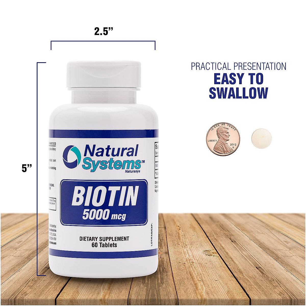 Biotin 60 Tablets 5000 mcg by Natural Systems | Biotin Hair Growth Support Pills | Hair Skin Nails Vitamins for Men and Women | Biotin Supplement Improves Cell Growth