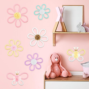 Yuxung 7 Pcs Boho Wall Decor Woven Daisy Flower Hanging Decor Room Nursery Decor Macrame Rainbow Bohemian Room Home Bedroom Cute Wall Flowers for Girls Kids Baby