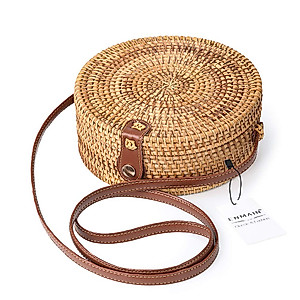 Round Rattan Bag for Women Straw Bag Handwoven Beach Bohemian Shoulder Purse by Enmain