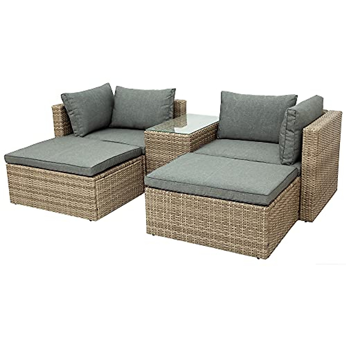 SAWQF Outdoor Patio Furniture 5-Pcs Set Wicker Rattan Sectional Sofa Set 2 Corner Chair+1 Tea Table+2 Ottoman Brown&Gray