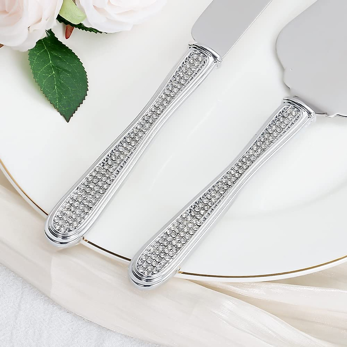 Wedding Cake Knife & Server Set, Personalized Diamond Cake Cutting Set, Gold Bridal Serving Set, Engraved Pastry Pie Server Pizza Cutter, Quinceañera Birthday Anniversary Classic Gift (Silver 2)