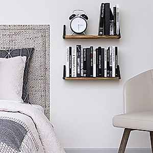 Wallniture Floating Shelves Bathroom Storage Wall Mount Home Decor Bedroom Kitchen Laundry Room Organizer with Black Brackets and Natural Burned Rustic Wood Shelves Set of 2