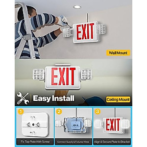 Sunco Red Exit Signs With Emergency Lights, Two Adjustable Square LED Lights, 94V-0 Fire Resistant, Backup Battery, 120-277V, Wall Or Ceiling Mount, Commercial Grade Double Sided 4 Pack