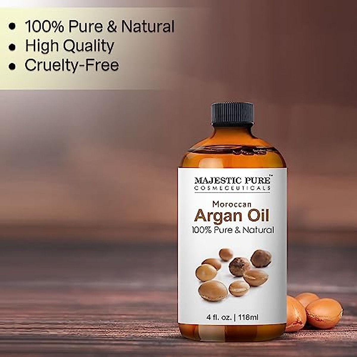 Majestic Pure Moroccan Argan Essential Oil | 100% Pure and Natural Argan Oil | Premium Grade Essential Oils for Hair Care, Home Diffusers, Skin, Aromatherapy, Massage and Humidifiers | 4 Fl Oz