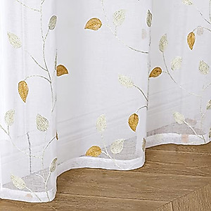 Fragrantex White and Yellow Sheer Curtains for Bedroom 95 inch Long 2 Panels Floral Embroidered Gold Leaf Silver Patterned Curtains & Drapes 3" Rod Pocket Window Treatment Set,38" Wx95 L