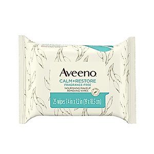 Aveeno Calm + Restore Nourishing Makeup Remover Face Wipes, 100% Plant-Based Cloth, Fragrance-Free Facial Towelettes with Oat Extract & Calming Feverfew, Hypoallergenic, 25 ct