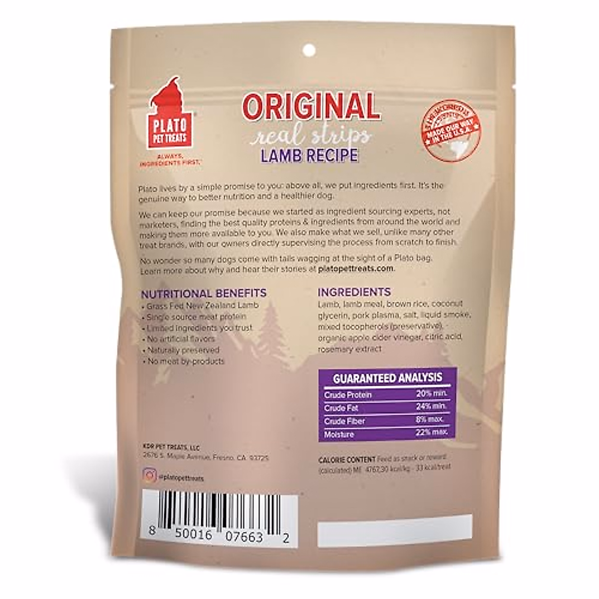 PLATO Original Real Strips Natural Dog Treats - Real Meat - Air Dried - Made in The USA - Lamb Flavor, 18 Ounces