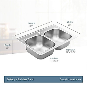 Moen GS202131 2000 33-inch 20 Gauge Double Bowl Drop-in Stainless Steel Kitchen Sink, Featuring QuickMount