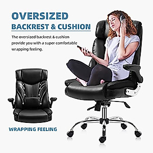 YAMASORO Ergonomic Office Chair Leather Computer Desk High Back Executive Chairs with Wheels and Flip-up Arms, Adjustable Headrest, Tilt and Lumbar Support, Black