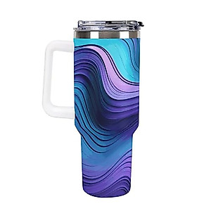 LLUTSNTH 40 Oz Vacuum Tumbler with White Handle Leakproof Insulated Tumbler Wavy Purple Stainless Steel Travel Mug with Lid And Straw Coffee Cup Cute Water Bottles Cup Holder Friendly