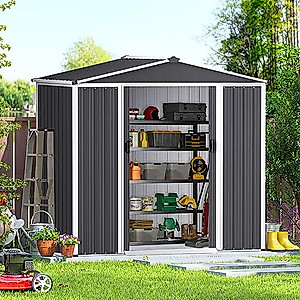 SUNCROWN Outdoor Backyard Garden Storage Shed 4X6 FT Yard Storage Tool with Sliding Door for Lawn Equipment Garden Backyard - Grey
