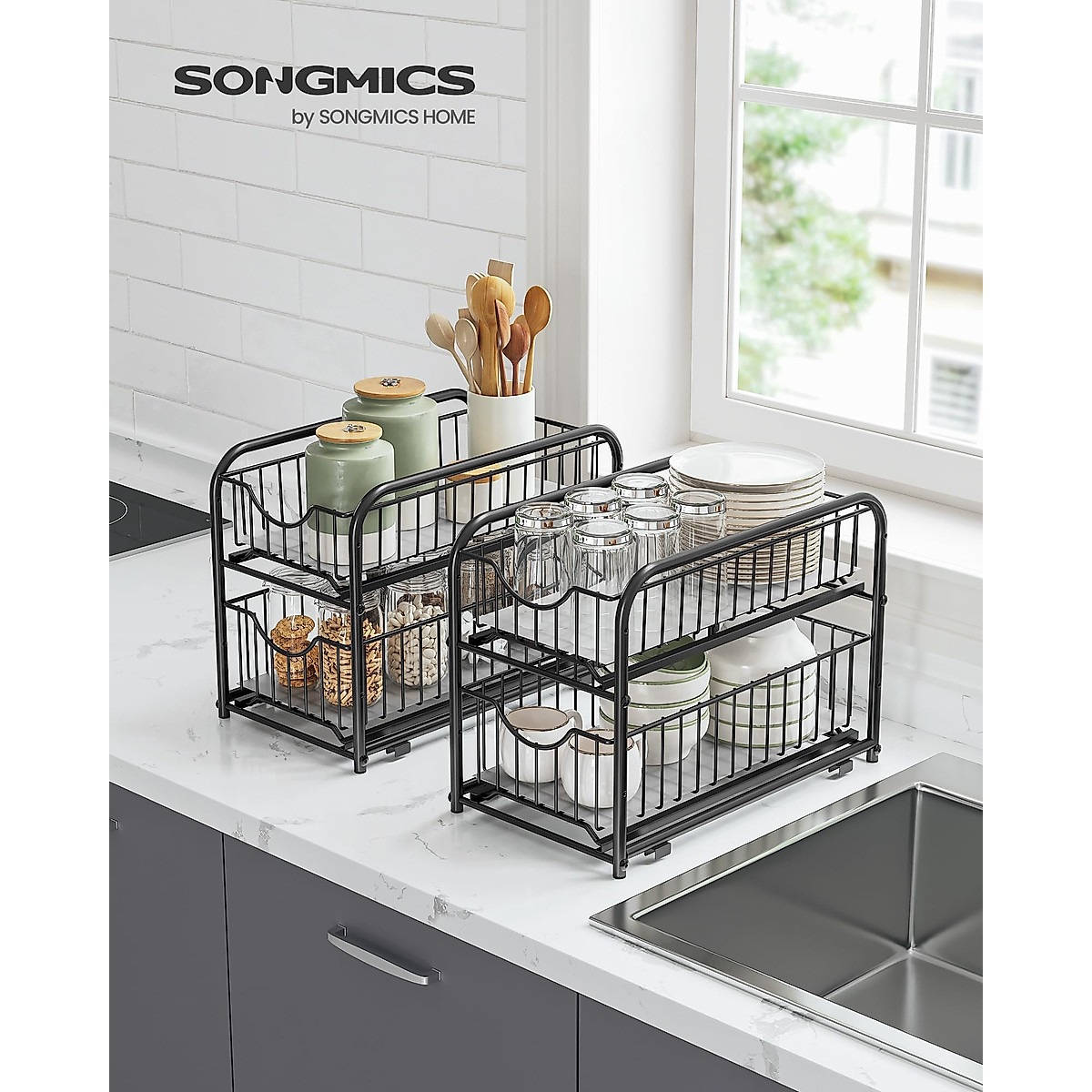 SONGMICS 2-Tier Pull Out Cabinet Organizers, Under Sink Organizer, Bathroom Organizer and Storage, Sliding Basket Drawers, Stackable for Kitchen, Bathroom, Ink Black UKCS017B01
