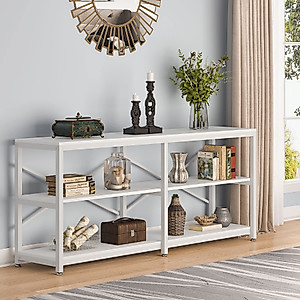 Tribesigns 70.9 Inch Extra Long Console Table, Modern Sofa Table Behind Couch Table with Storage Shelves, 3-Tier Industrial Hallway Entryway Table for Living Room, 3 Shelf Bookshelf(White)