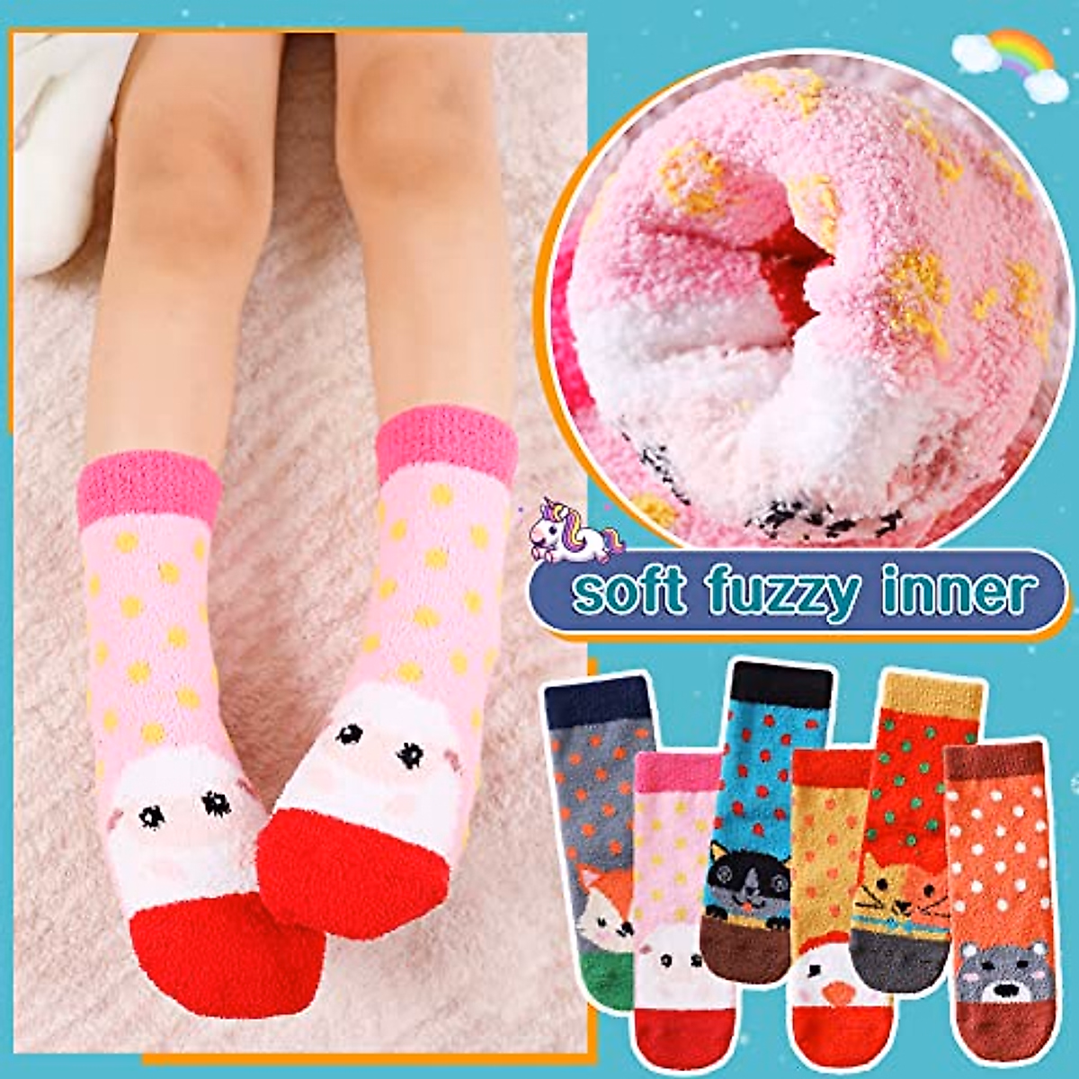 Eyean Kids Fuzzy Socks Non Slip Soft Fluffy Slipper Grips Socks Warm Plush Cozy Cabin Boy Girls Crew Socks 6 Pairs (Dot Animal, 8-12 Years)