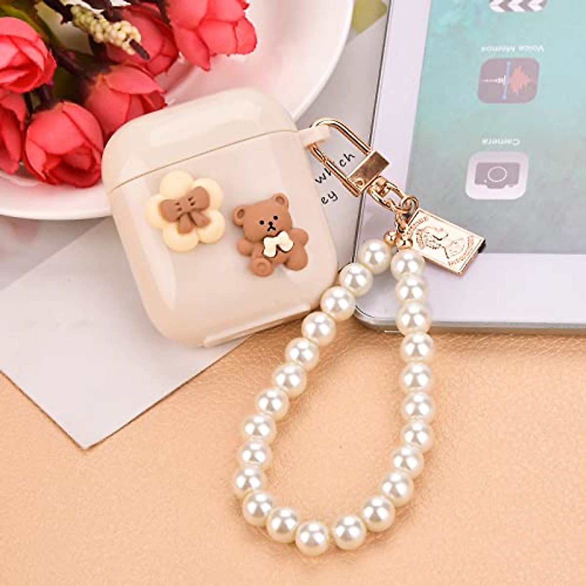 Mainrenka Cute Kawaii AirPods 2nd 1st Generation Case Aesthetic for Women and Girls with Pearl Chain Smooth Soft Protective Cover