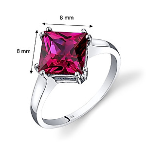 PEORA Created Ruby Solitaire Ring for Women 14K White Gold, 3.25 Carats Princess Cut 8mm, Size 7