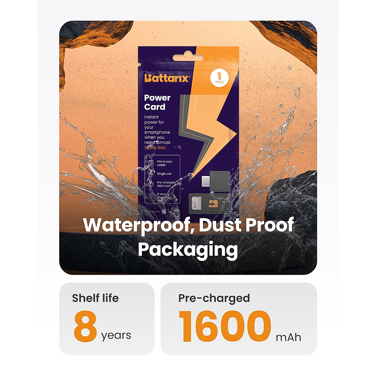 BATTARIX Power Card - Thin Universal Phone Charger Emergency Survival Everyday Carry Lightning & USB C for Android + iPhone (Single Use, Pre Charged)